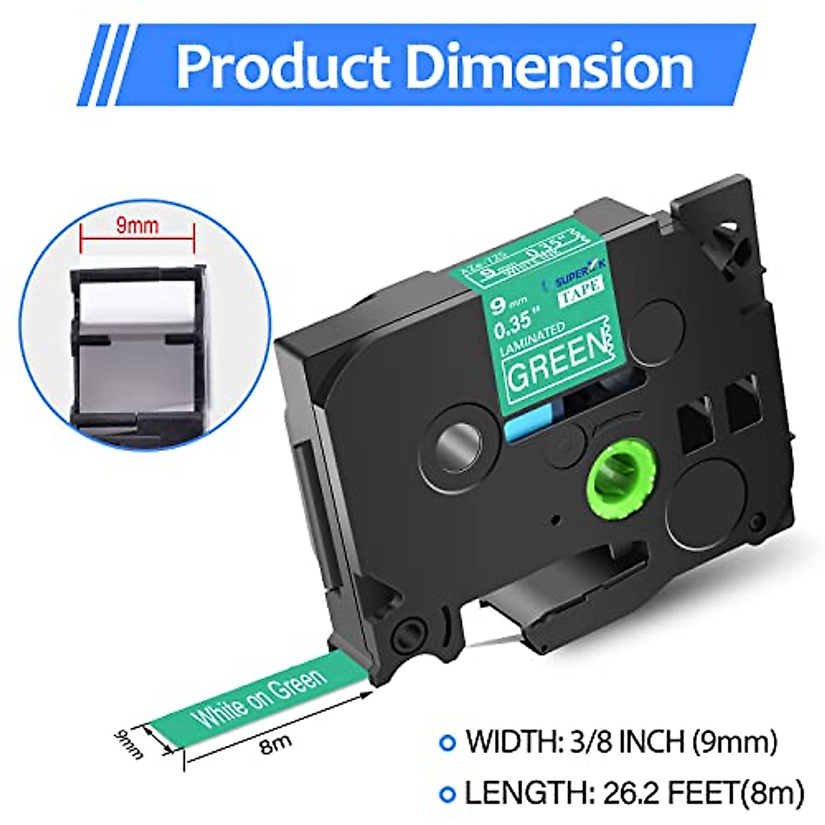 USUPERINK 5PK Compatible for Brother P-Touch Label Maker Tape TZe-725 TZ-725 TZe725 TZ725 White on Green 9mm 3/8 inch 0.35'' x 26.2ft Laminated TZe TZ Label Tape for PT-H100 E100 H110 H300