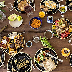 OuMuaMua Graduation Party Supplies 2024 Dinnerware Set - Blue Gold Graduation Plates and Napkins Class of 2024 Disposable Tableware for College High School Congrats Graduation Party Favors, Serve 50