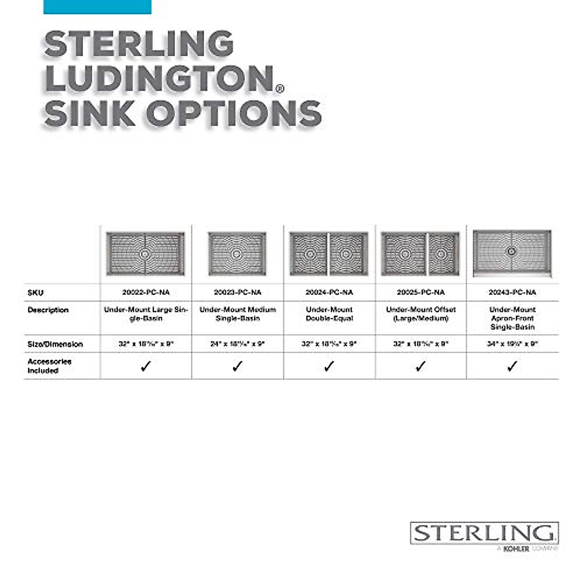 Kohler K-20022-PC-NA Sterling Ludington 32" Under Mount Single Bowl Kitchen Sink with Accessories, 32 inch, Stainless Steel