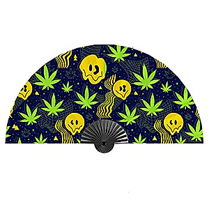 Large Rave Fan, Folding Hand Fan, Festival Rave Accessories Chinease & Japanese Hand Fan for Bar Performance Dancing Party (Melt Smiley Face Weed)