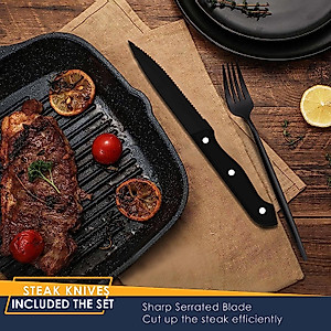 Stapava 24 Pieces Matte Black Silverware Set with Steak Knives, Stainless Steel Flatware Cutlery Set Service for 4, Utensils Sets for Home Restaurant, Satin Finished Polished & Dishwasher Safe