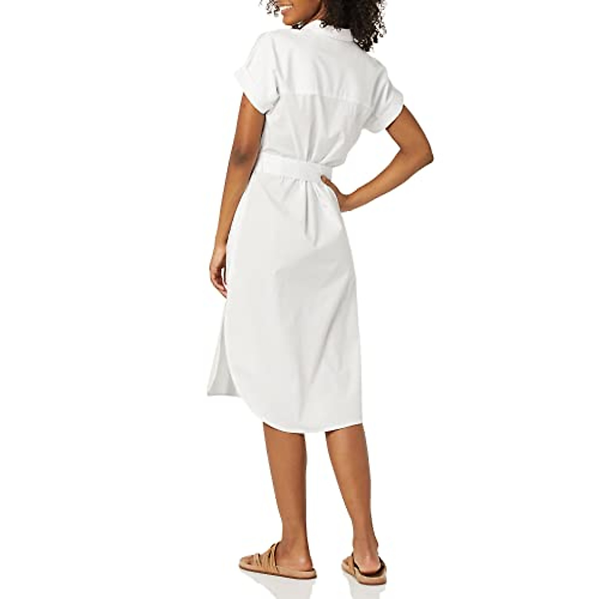 Amazon Essentials Women's Relaxed Fit Short Sleeve Button Front Belted Shirt Dress, White, Large