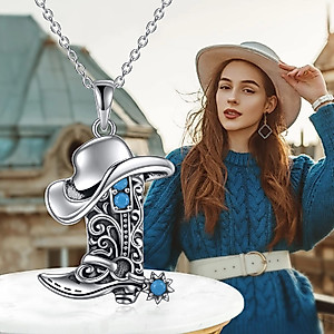 POPLYKE Turquoise Cowgirl Boots and Hat Necklace Sterling Silver Western Wild West Cowgirl Texas Boot Horse Lover Gift…