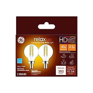 GE Relax LED Light Bulbs, 40 Watt, Soft White, G16.5 Globe Bulbs, Clear, Small Base (2 Pack)