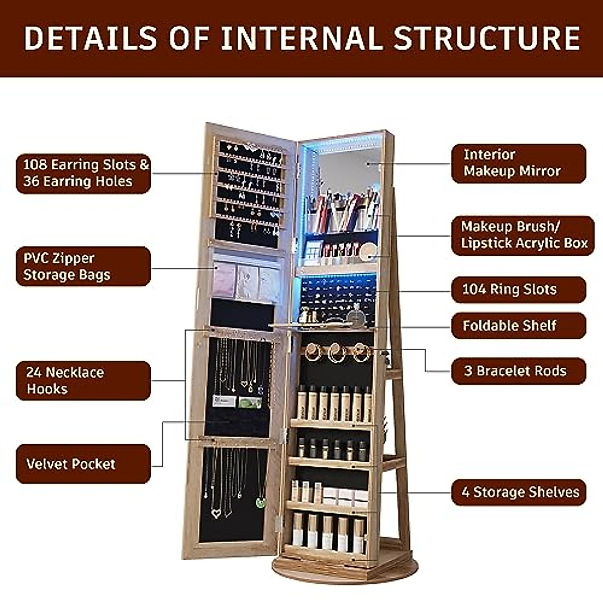 FOMNEY 360° Swivel Jewelry Armoire with Mirror, 63" H Full Length Mirror with Storage, Standing Mirror Jewelry Cabinet has LED Lights, Standing Jewelry Organizer/Makeup Shelf for Bedroom (Wood)