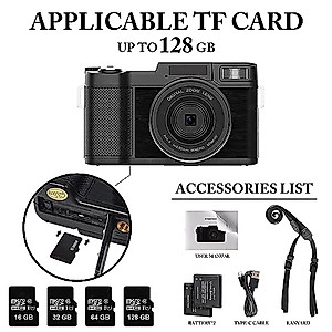 4K Digital Camera for Photography, Autofocus 48MP Vlogging Camera for YouTube with 16X Digital Zoom Macro Camera, 3’’180°Flip Screen Compact Video Camera with Liftable Flash, SD Card&2 Batteries