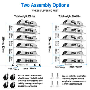 6 Tier 6000lbs Capacity NSF Metal Shelf Wire Shelving Unit, Heavy Duty Adjustable Storage Rack with Wheels & Shelf Liners for Commercial Grade Utility Steel Storage Rack, White - 82"H x 48"L x 18"D