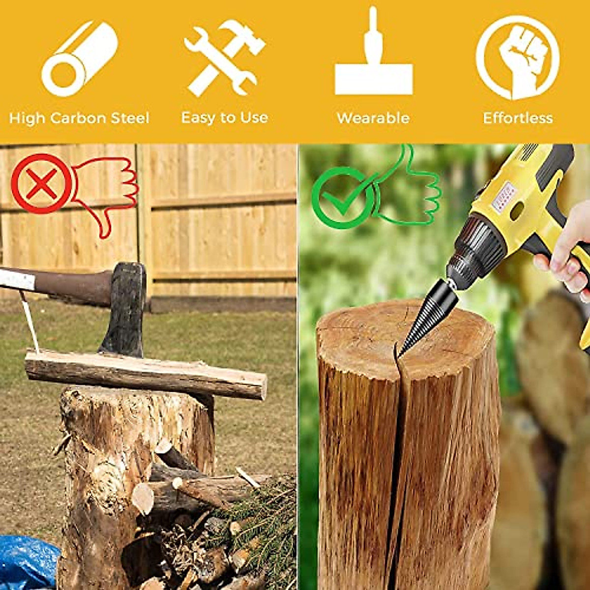 Firewood Log Splitter 45mm+32mm, 6PCS Wood Log Splitter Firewood Detachable Drill Bit Heavy Duty Electric Drills Screw Cone Driver Hex + Square + Round
