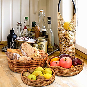 Peohud Set of 3 Rattan Bread Basket, Natural Wicker Fruits Bread Baskets, Wicker Food Storage Baskets Serving Bowl for Bread, Snack, Fruit, Vegetable, 9"/10"/11"