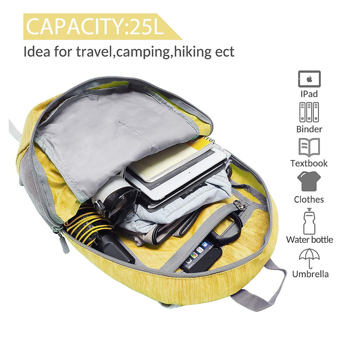 ZOMAKE 25L Ultra Lightweight Packable Backpack, Foldable Hiking Backpacks Water Resistant Small Folding Daypack for Travel(Yellow)