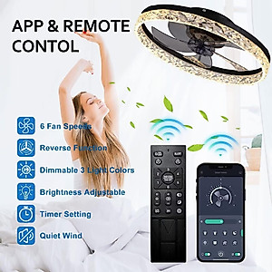 AHWEKR Ceiling Fan with Lights Dimmable LED Reversible Blades Timing with Remote Control, 5 Invisible Bladesflush Mount Ceiling Fan (18in, Black)