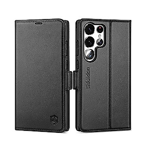 SHIELDON Wallet Case for Galaxy S23 Ultra 5G, Genuine Leather Case Kickstand RFID Blocking Credit Card Holder Shockproof Protection Magnetic Cover Compatible with Galaxy S23 Ultra 6.8" 2023 - Black