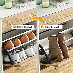 IDEAHOUSE Rattan Shoe Cabinet with 2 Flip Door & 1 Drawer - Wooden Free Standing Shoe Rack for Entryway, Hallway, Living Room (White)