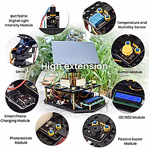 KEYESTUDIO DIY Solar Tracking Electronic Kit for Arduino,Smart Phone Charging Module,Temperature and Humidity Sensor,BH1750 Light Sensor etc.Educational Programming Kit for Teens Adults 15+