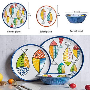 Gofunfun Melamine Dinnerware set for 4, Plates and Bowls Sets, Great for Camper, RV, Indoors Outdoors Use with Ocean Printed, Unbreakable