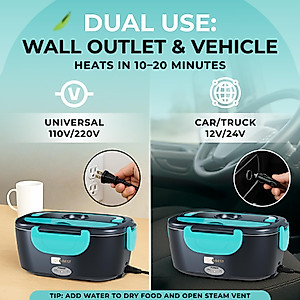 FORABEST Electric Lunch Box Food Heater 2-In-1 Portable Food Warmer Lunch Box for Car & Home – Leak proof, 2 Compartments, Removable 304 Stainless Steel Container, SS fork & spoon and Carry Bag