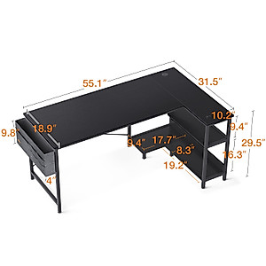 ODK 55 Inch Small L Shaped Computer Desk with Power Outlets, Corner Desk with PC Stand & Reversible Storage Shelves for Small Space Home Office Workstation, Modern Simple Writing Study Table, Black