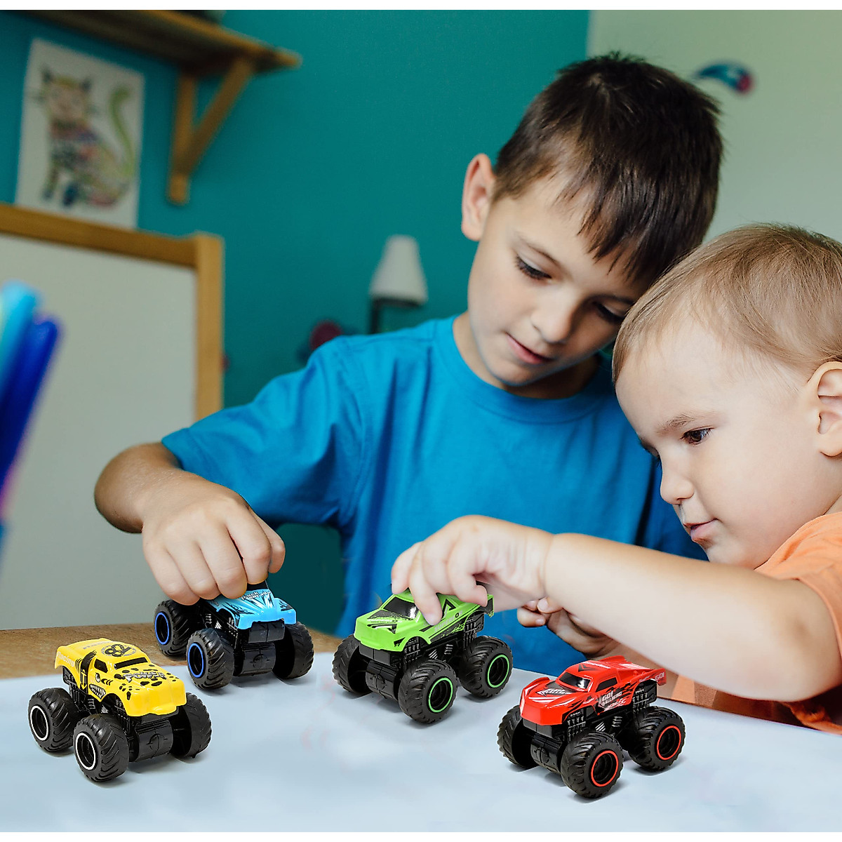 Number 1 In Service Monster Trucks for Boys Inertia Powered 4 Wheels Diecast Mini Vehicle Set Push and Go Small Toy Cars 4 Pack for Toddlers and Kids for Age 3 4 5 6 7 Years
