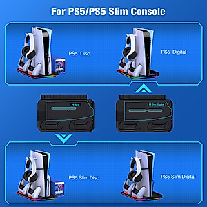 PS5 Stand, PS5 Slim Stand with Cooling Station and Controller Charging Station for PS5 Slim Console Disc/Digital, PS5 Accessories-Cooling Fan, RGB LED, Headset Holder, 15 Game Slot for Playstation 5