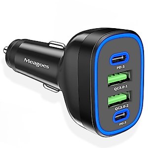 USB C Car Charger, Meagoes 72W 4 Ports Super Fast Automobile Charger Compatible for iPhone 15 Pro/Max/14/13/12/11/iPad Air, Samsung Galaxy S24/S23 Plus/Ultra/S22 Type C Cigarette Lighter USB Charger