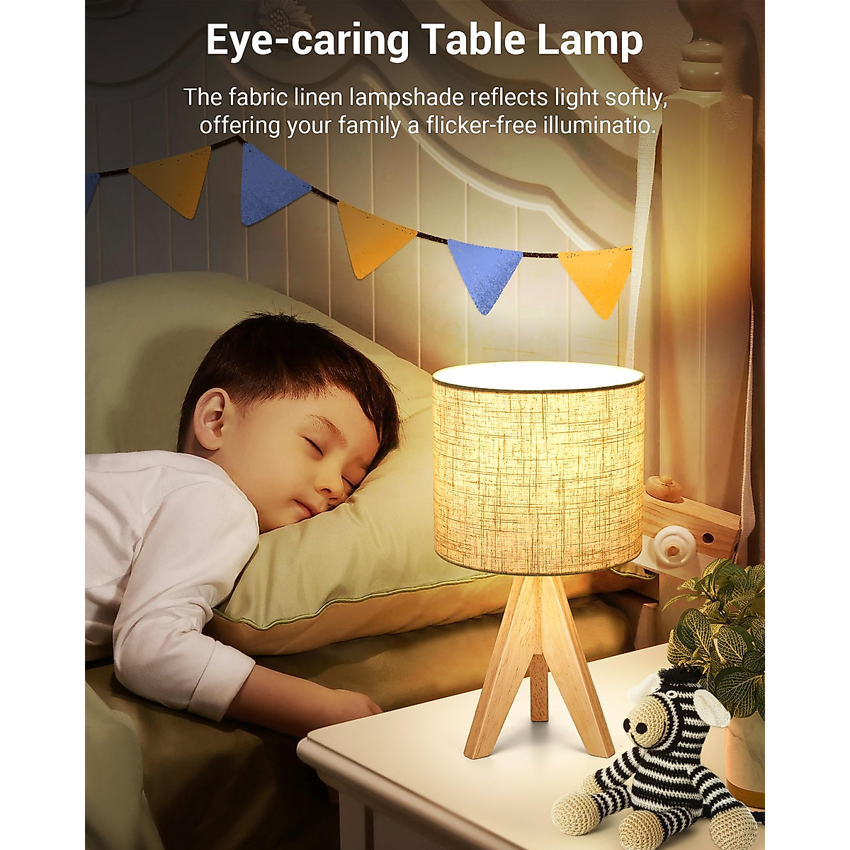 DEWENWILS Small Table Lamp, Boho Bedside Lamp with Linen Fabric Shade, Wood Tripod Nightstand Lamp for Living Room, Nursery, Bedroom, Kids Room, Side Table, 14.2 Inch, ON/Off Switch