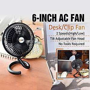TN TONNY Clip-on Fan, AC 110V 6 Inch Adjustable Clip Table Fan with 2 Speeds Wind, Personal Cooling Fan with 6 Foot Cord and Plastic Safety Grill, Black