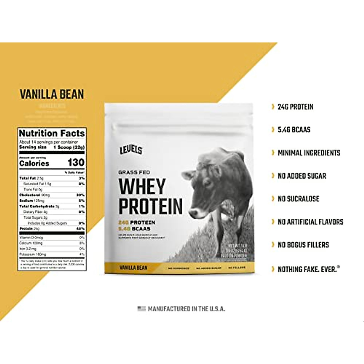 Levels Grass Fed 100% Whey Protein, No Hormones, Vanilla Bean, 1LB