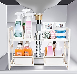aceyoon Under Sink Organizer and Storage, 2 Tier Expandable Kitchen Under Sink Shelf With 2 Pull Out Drawers and 6 Removable Panels, Adjustable Under Sink Cabinet Rack for Bathroom/Balcony/Cloakroom