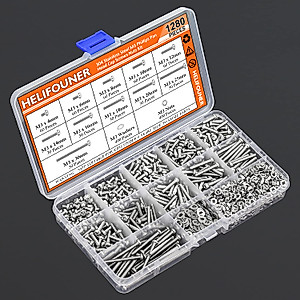HELIFOUNER 1280 Pieces M3 x 4mm /6mm /8mm /10mm /12mm /14mm /16mm /18mm /20mm /25mm / 30mm, Phillips Pan Head Machine Screws, Metric Screws Bolts Washers Nuts Kit, 304 Stainless Steel