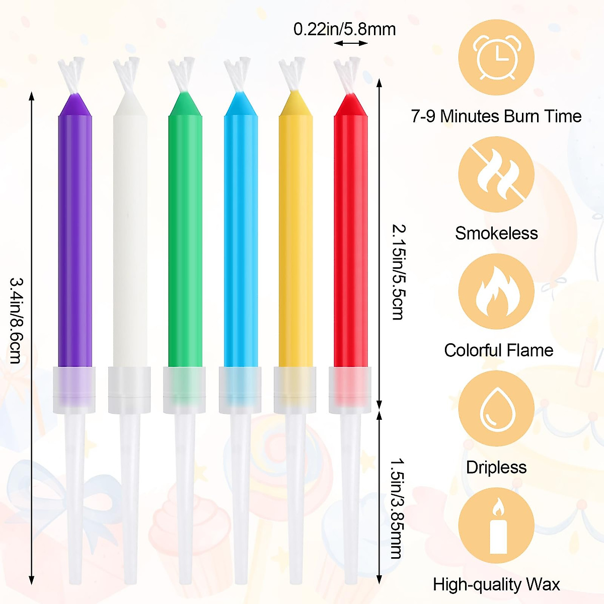 Phinus 18pcs Colorful Flame Birthday Candles, 2.2in Colorful Birthday Candles for Cake, Birthday Candles Colorful Candles Holders Included