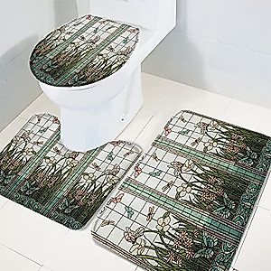 3 Piece Bath Rugs Sets, Large Flower Butterfly Dragonfly Grass Spring Non Slip Bathroom Carpet, Water Absorbent U-Shaped Toilet Mat, Toilet Lid Cover