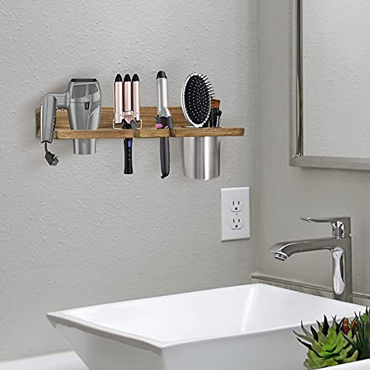 Bathroom Wall Mount Hair Dryer Holder Hair Care & Styling Tool Organizer, Farmhouse Wooden Beauty Hair Appliance Holder for Flat Iron, Curling Wand, Hair Straighteners, Brushes,Dark Brown