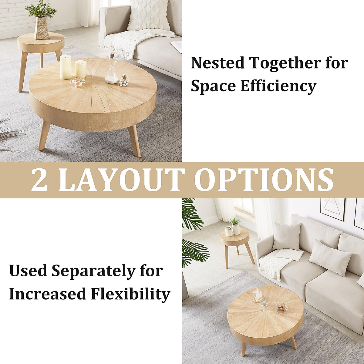 Gexpusm 2-Piece Solid Wood Coffee Table Set, Rustic Round Farmhouse End Tables for Living Room, 31x31x16 in, Light Brown