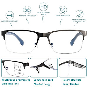 Multifocus Reading Glasses Men Progressive Multifocal Blue Light Computer Reader Half Frame Metal Extra Wide Eyeglasses No Line Bifocals Large Designer Cheaters Transition Square Eyewear 2packs 1.50