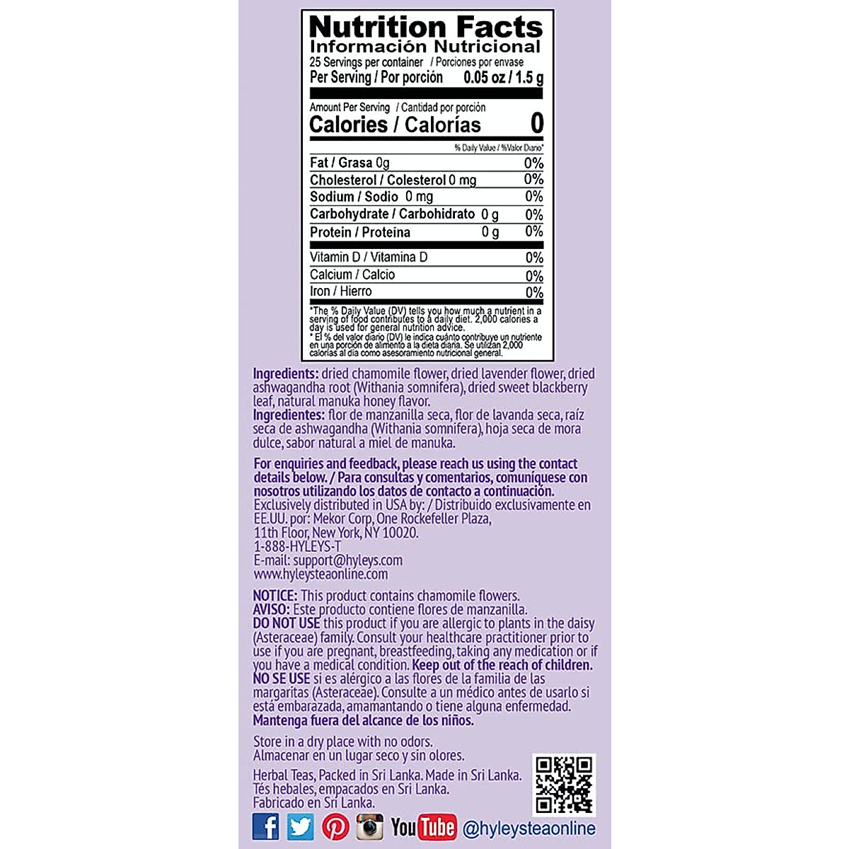 Hyleys Calm Tea with Ashwagandha - Lavender & Honey Flavor - Caffeine-Free, 100% Natural Herbal Tea - 25 Tea Bags