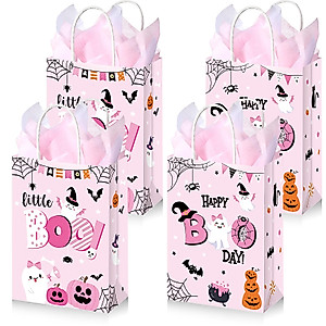 Yeaqee 30 Pcs Pink Halloween Bags Little Boo Bags Kraft Paper 30 Pcs Tissue Paper Goody Present Bags for Halloween Party Kids Theme Birthday Baby Shower Party Favors, 8.6 x 6.3 x 3.15 Inch
