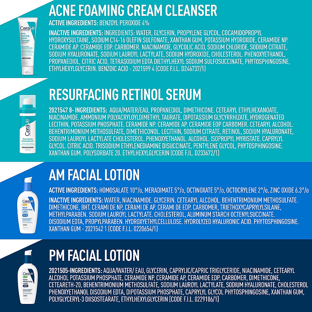 CeraVe Acne Skin Care Set | 5oz Acne Foaming Cream Cleanser + 1oz Resurfacing Retinol Serum + 2oz AM Facial Moisturizing Lotion with SPF 30 + 2oz PM Facial Moisturizing Lotion | Skin Care Routine