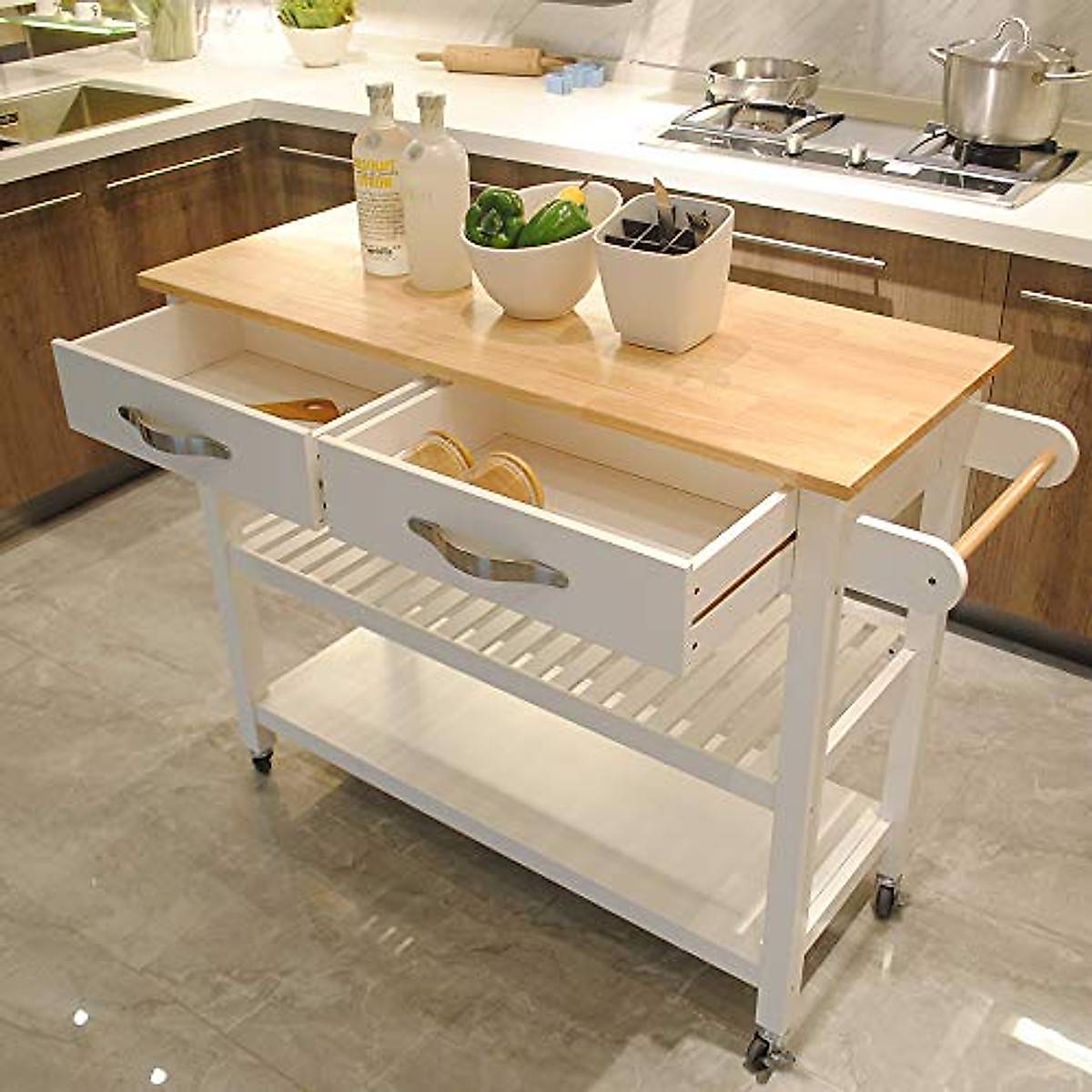 Livavege Kitchen Island Cart with Storage, 45" Rolling Cart Kitchen Islands Side Table on Wheels with Large Worktop, 2 Storage Drawers, Open Shelves and Towel Rack for Home Dining Room Living Room