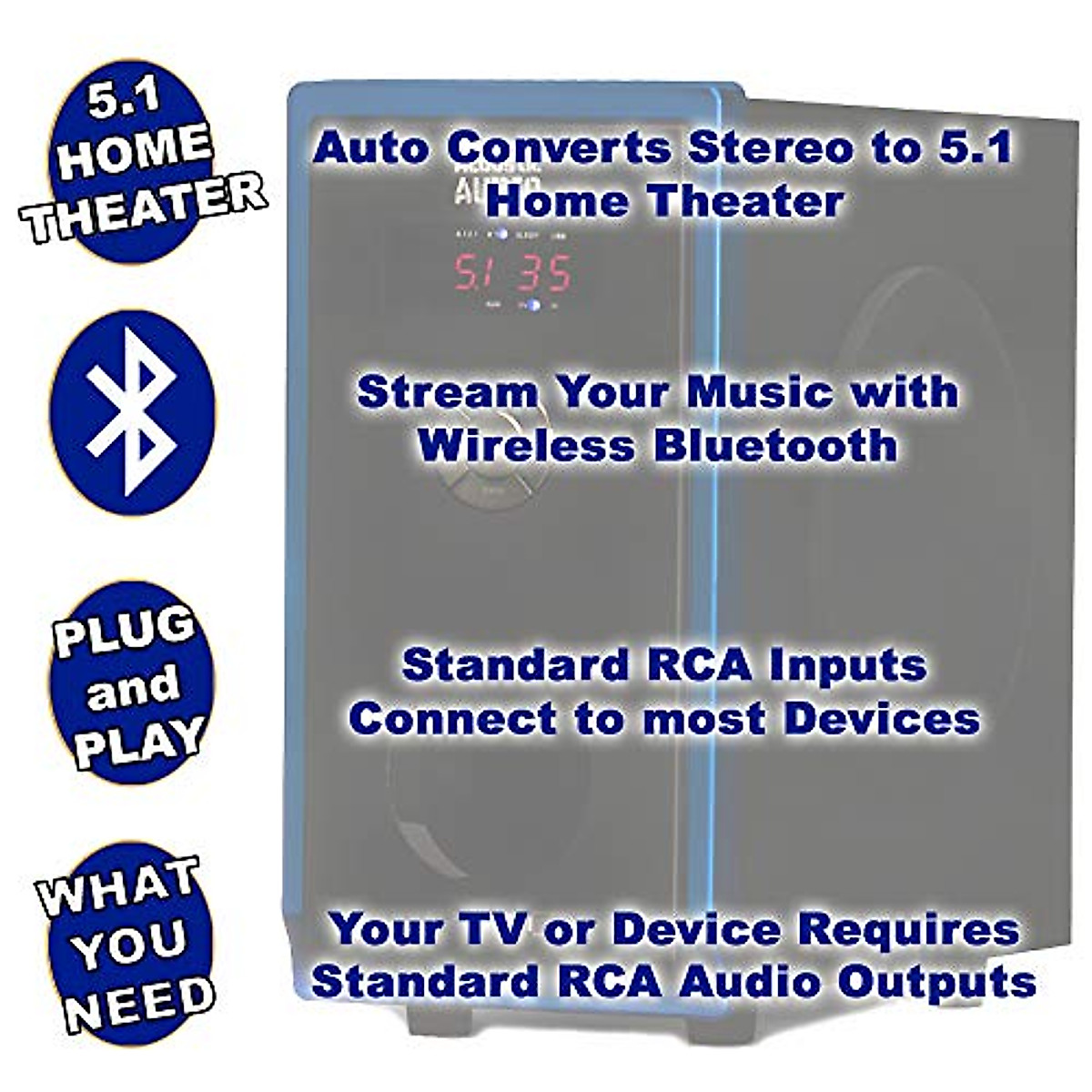 Acoustic Audio AA5102 Bluetooth 5.1 Speaker System with Optical Input and 5 Extension Cables
