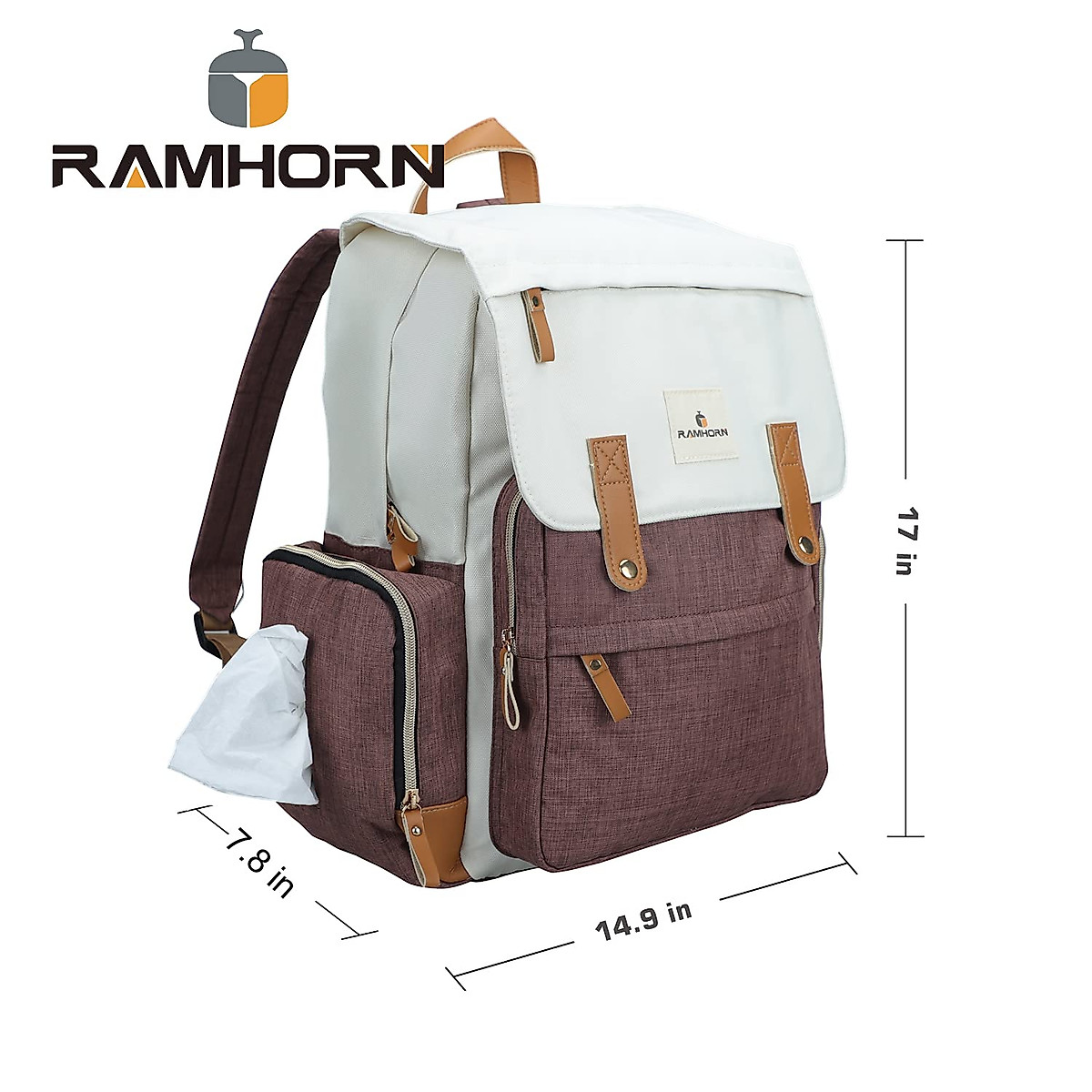 Ramhorn Diaper Bag Multifunction Travel Backpacks for Mom with Insulated Pockets and Laptop Compartment, brown