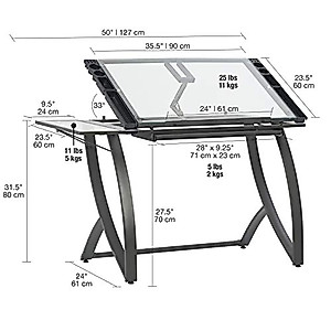 SD STUDIO DESIGNS Futura Luxe Drawing, Drafting, Craft Table with Drawer, 35" Wide Angle Adjustable Top and Side Shelf, Pewter Grey/Clear Glass