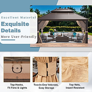 MELLCOM 10' x 13' Hardtop Gazebo, Galvanized Steel Metal Double Roof Aluminum Gazebo with Curtains and Netting, Brown Permanent Pavilion Gazebo with Aluminum Frame for Patio, Lawn & Garden