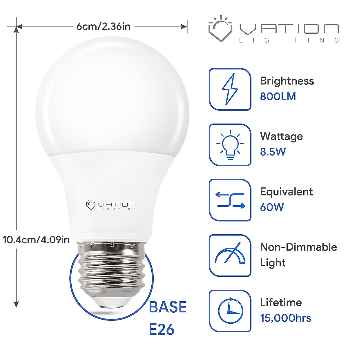VATION LIGHTING 24 Pack A19 LED Light Bulb Daylight 5000K LED Bulbs, 60 Watt Equivalent, Efficient 8.5 Watt, 800 Lumens, E26 Medium Base, Non-Dimmable, ETL/UL Listed