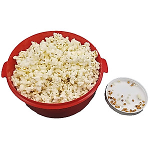 APSI Store Kernel Katcher Popcorn Bowl Set - Popcorn Bowl Strainer Sifter Shaker Kernel Catcher and Separator, Large and Reusable With Lid, Dishwasher Safe, Recycled Plastic with Handle (Red)