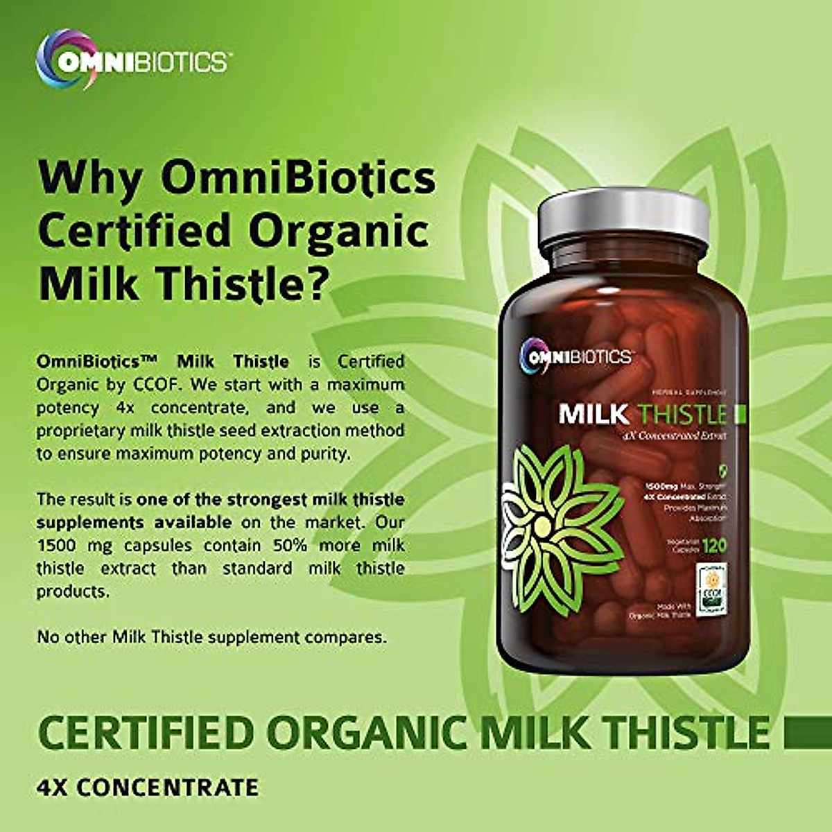 Organic Milk Thistle Capsules, 1500mg 4X Concentrated Extract with Silymarin is The Strongest Milk Thistle Supplement Available. Great for Liver Cleanse! 120 Vegetarian Capsules