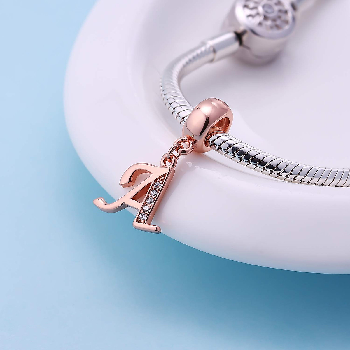 Letter Charms Rose Gold 925 Sterling Silver Alphabet Initial Crystal Dangle Beads fit Pandora Bracelets (A)