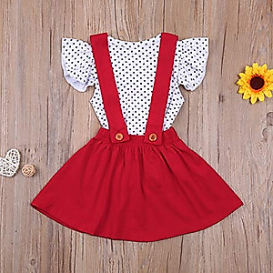 Newborn Baby Girls Valentine's Day Outfit Toddler Long Sleeve Heart Print Shirt Top Suspender Dress Skirt Set Infant Clothes (Dot-Red , 3-4T )