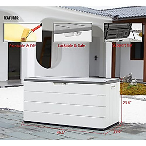 ADDOK Large Resin Deck Box Lockable, Outdoor Garden Storage Box Waterproof, Elegant Storage Bench for Cushions, Garden Tools and Pool Toys (85 gallon box)