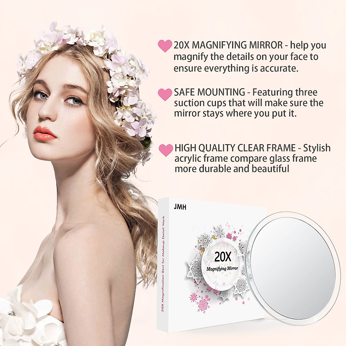 JMH 20X Magnifying Mirror with 3 Suction Cups for Easy Mounting– Use for Makeup Application - Tweezing – and Blackhead/Blemish Removal, 6 Inch