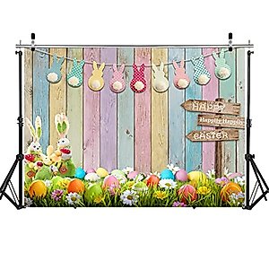 WOLADA 7x5FT Spring Easter Backdrop Happy Easter Colorful Wood Photography Backdrops Easter Theme Photography Backdrop Bunny Rabbit Colorful Eggs Grass Floral Baby Kids Party Decor 12394
